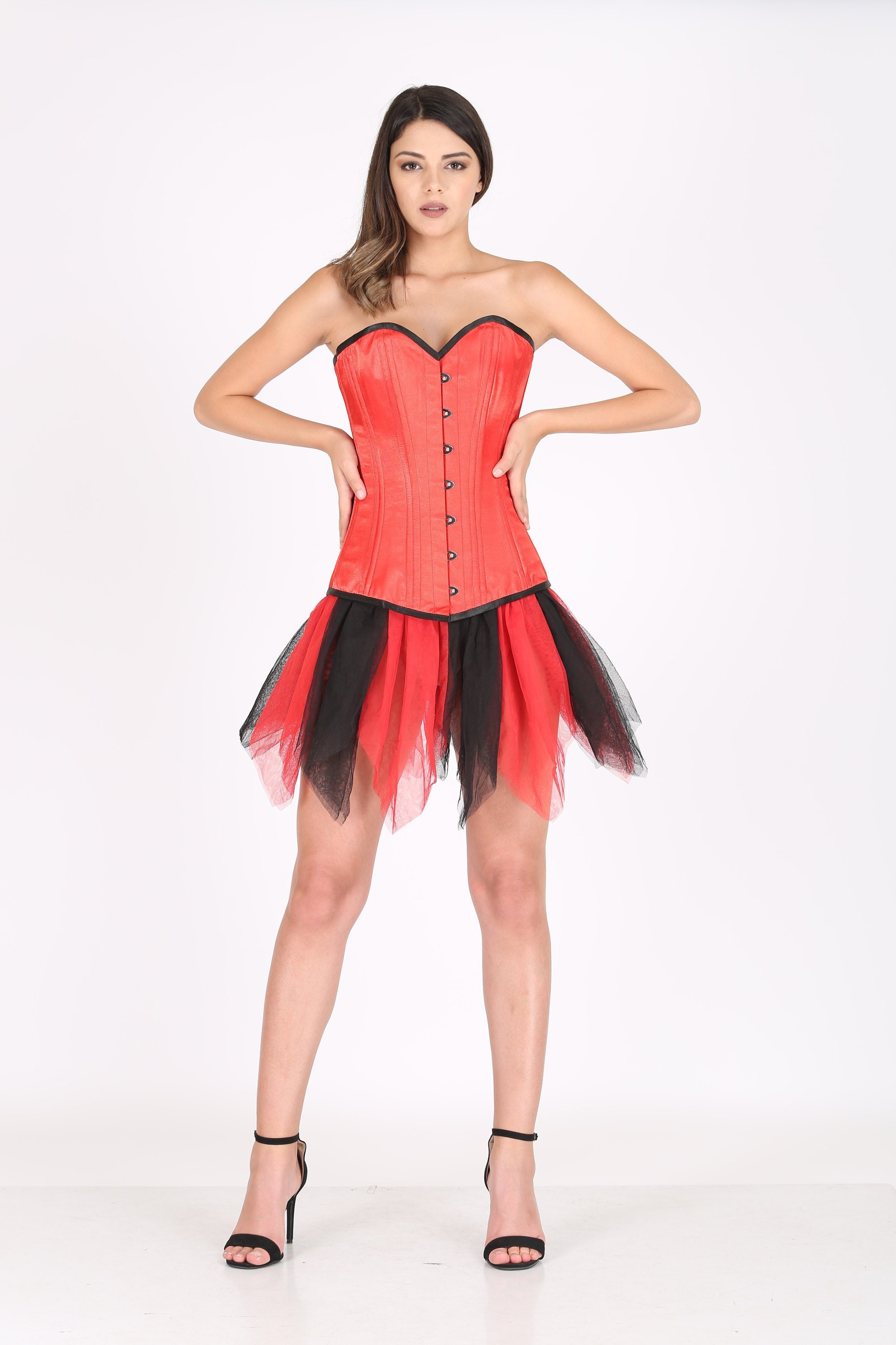 Womens Red Satin Overbust Corset Dress Double Bone Gothic Etsy