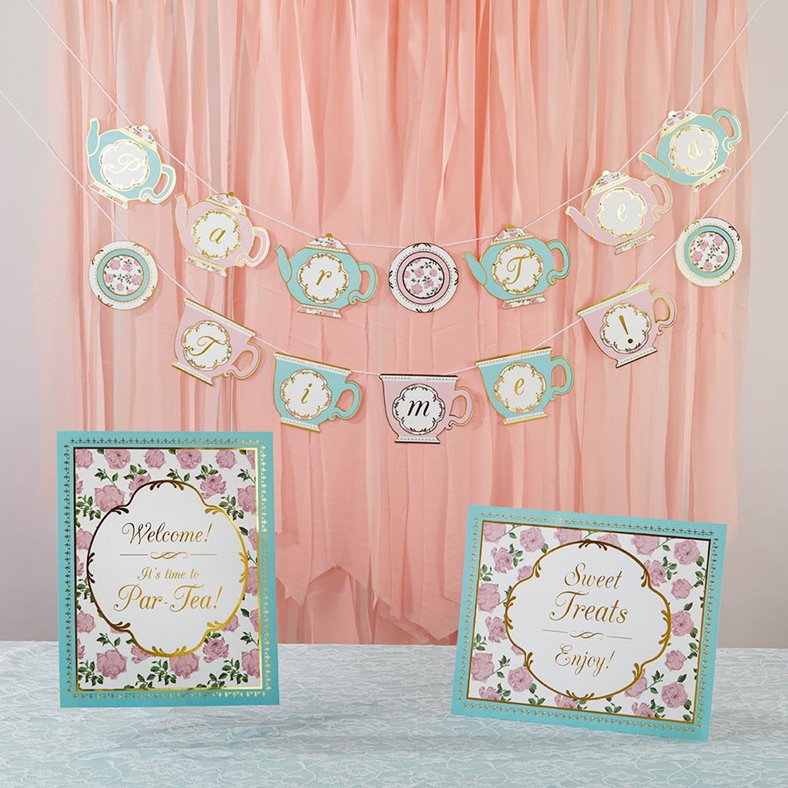 Tea Party Signs Blue Pink Gold Floral Banner and Table Signs | Etsy