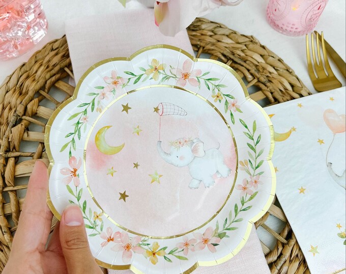 Pink Elephant Plates - Set of 16 - 7" Dessert Size Baby Shower or ...