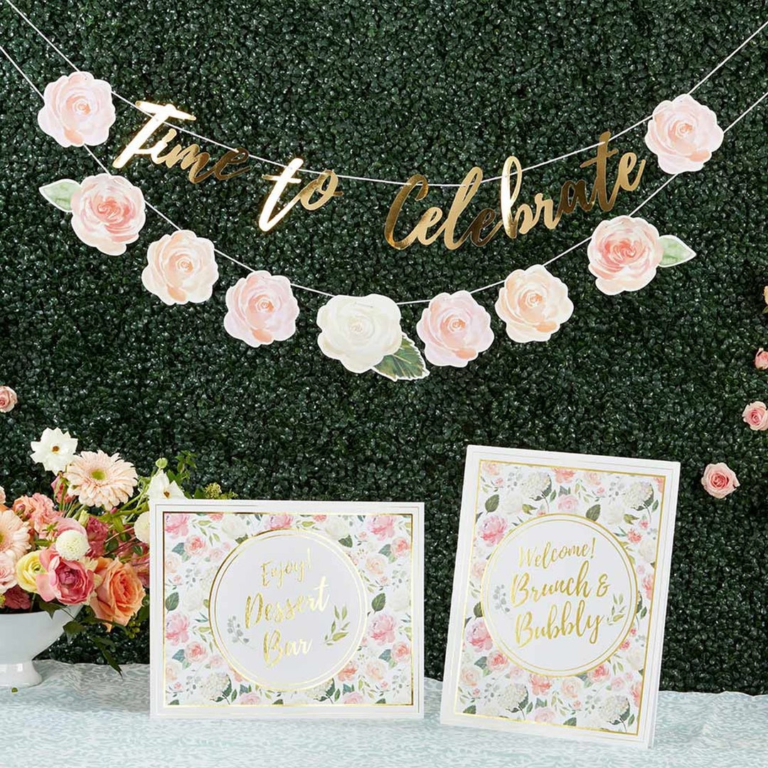 Brunch Party Signs - Pink Green Gold Floral Banner and Table Signs Set ...