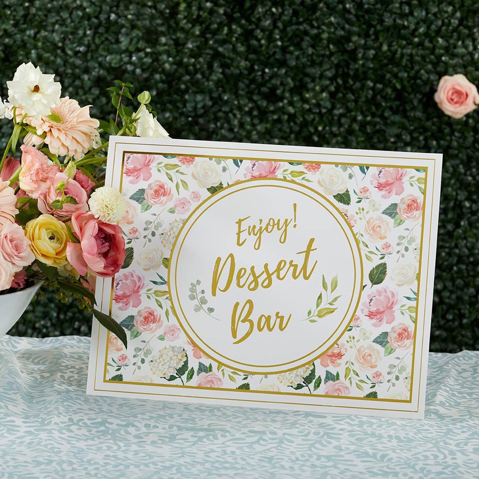 Brunch Party Signs - Pink Green Gold Floral Banner and Table Signs Set ...