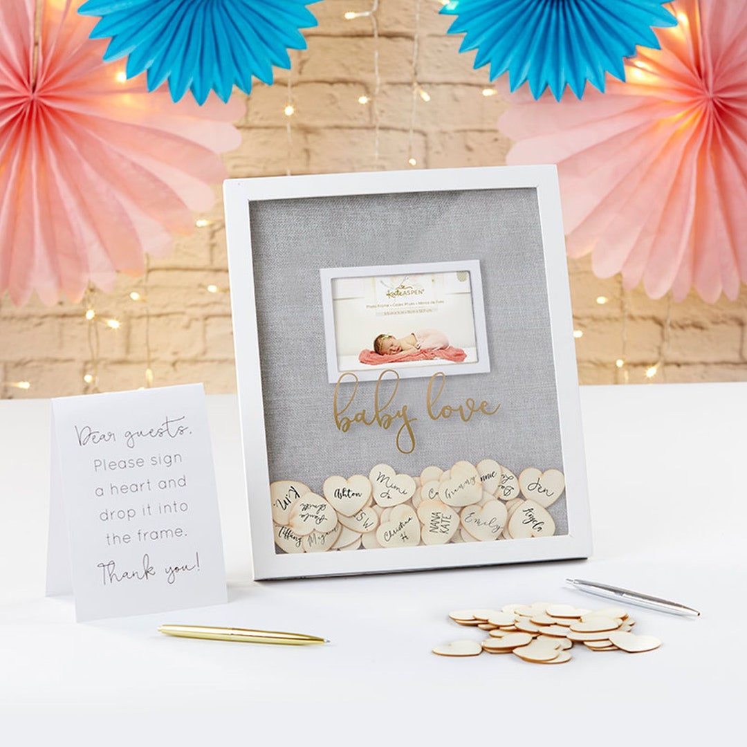 Baby Shower Signature Sign - Baby Love Frame With Wooden Hearts - Guest ...