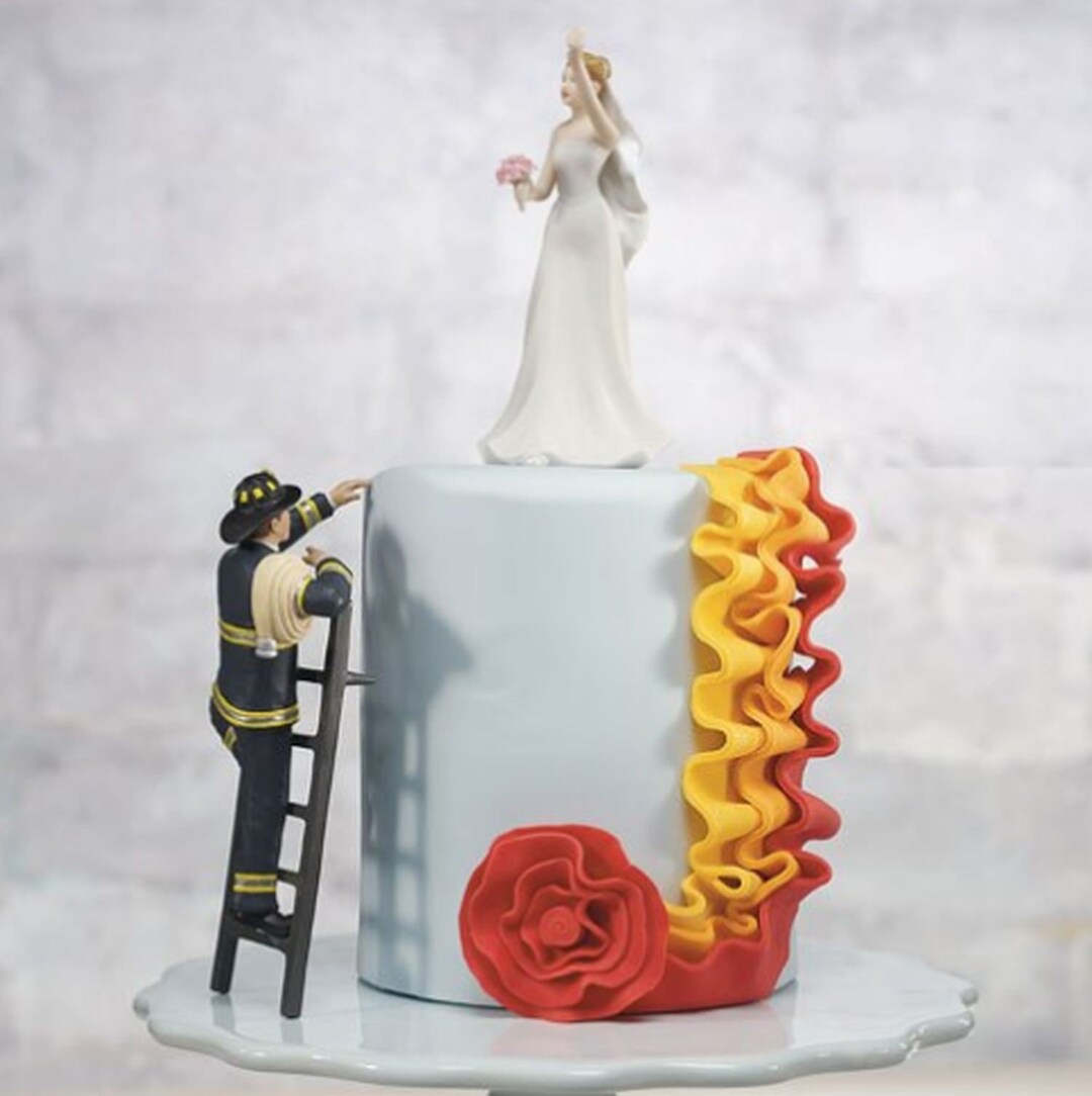 Fireman Wedding Cake Topper Bride and Groom Climbing Ladder to Bride ...