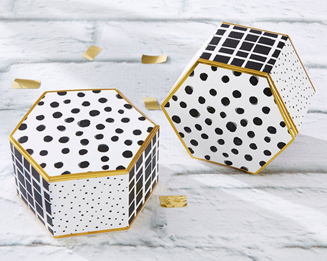 Hexagon Favor Boxes - Set of 12 - Wedding Bridal Shower Black White ...