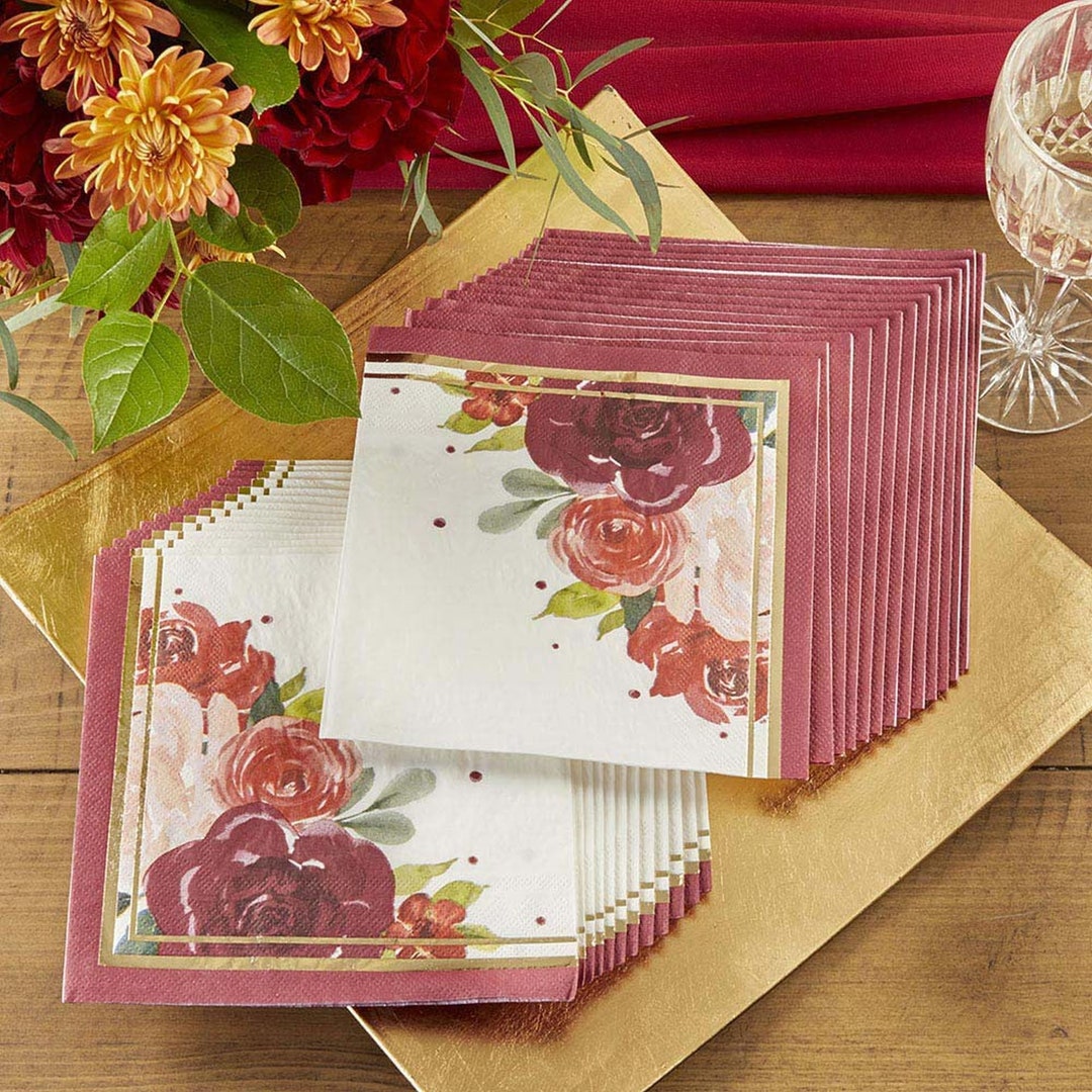 Burgundy Floral Paper Napkins With Gold Foil – Set of 30 - MW36995 - Etsy