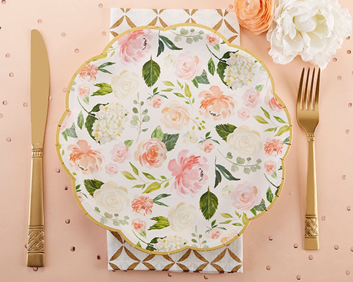 Floral Party Plates Set of 16 9 Pink Green Gold - Etsy
