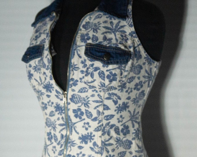 Vintage Mini Jean Dress 90s Zip up Boho Print Paris Blues Original ...