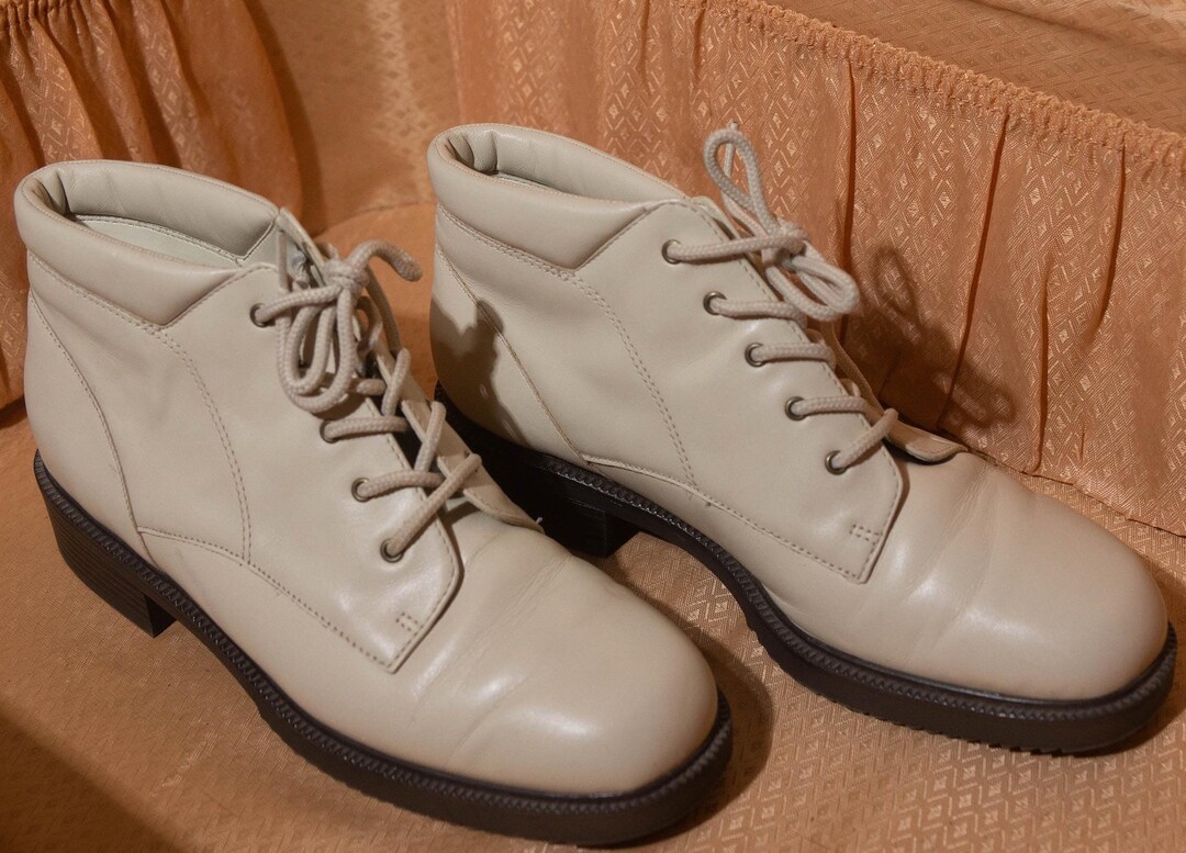 Vintage Boots 90s Ivory White Leather Booties Lace up Ankle Boots ...