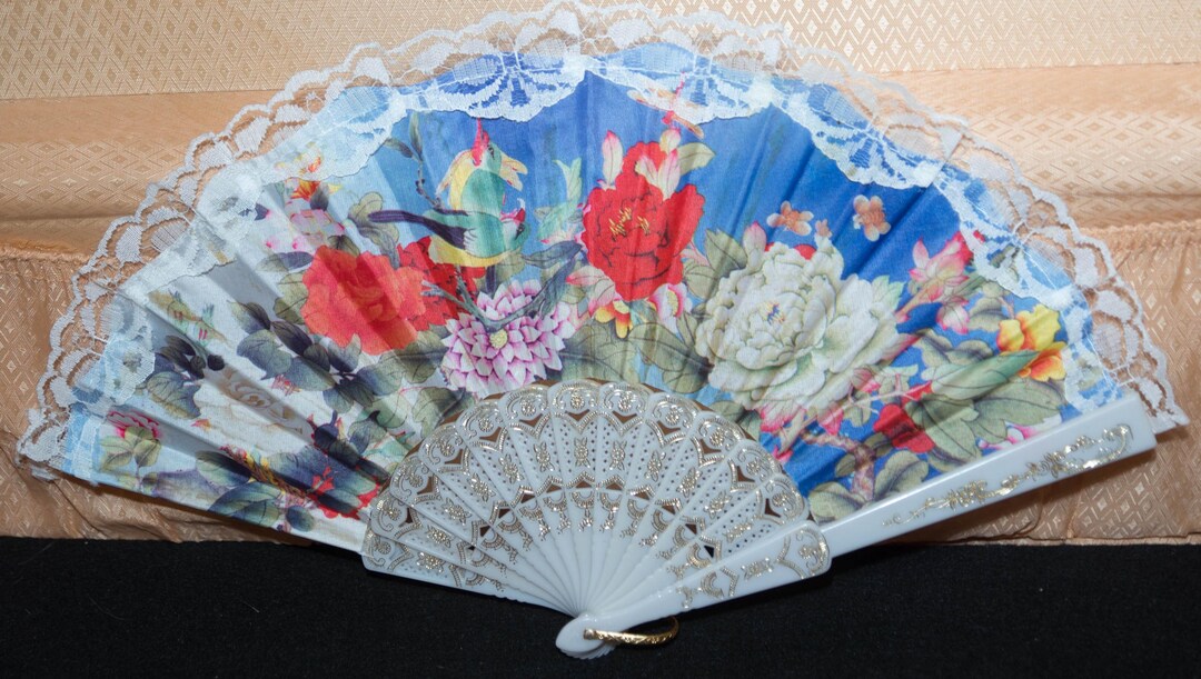 Vintage Hand Fan Folding Fan Art Decor Bird and Floral Print Fabric ...