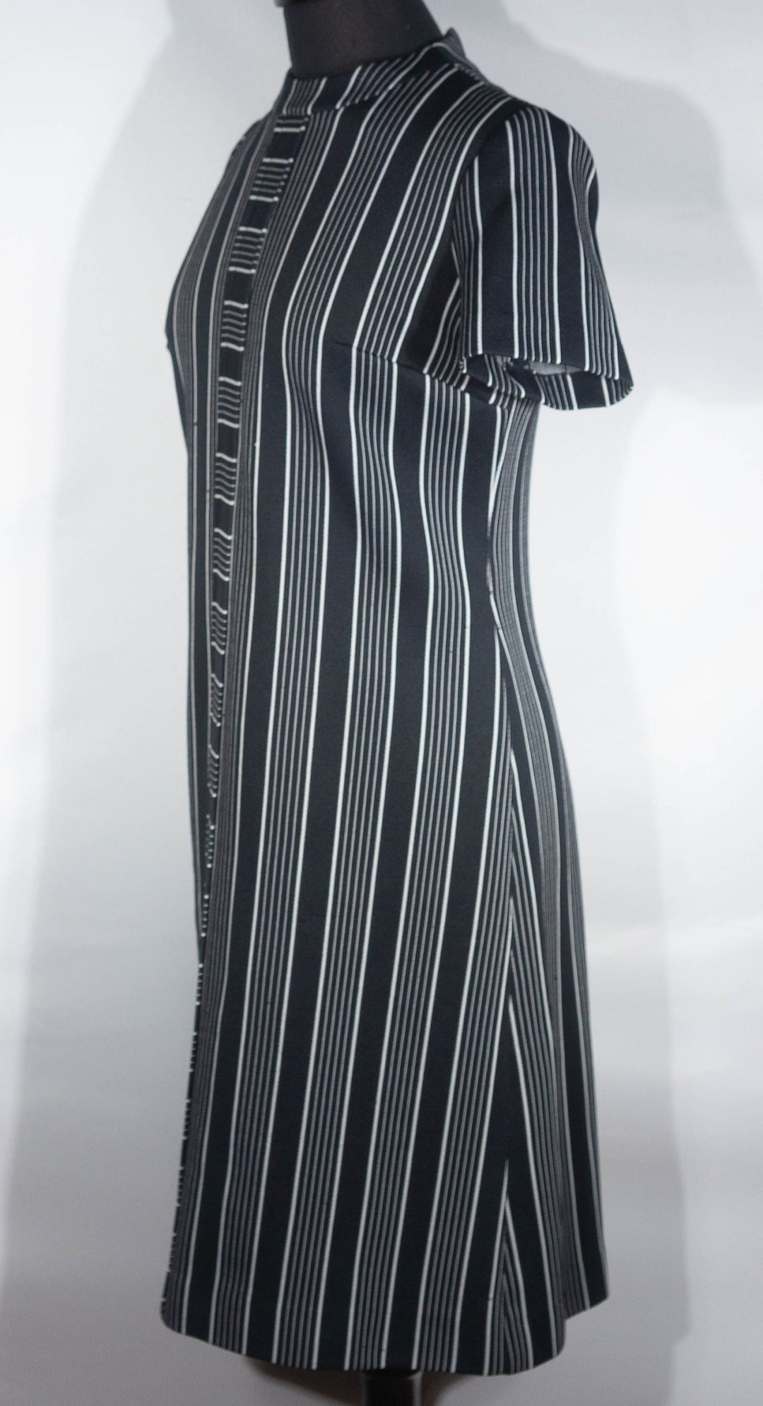 Vintage Dress 70s Mod Midi Shift Cut Vertical Stripes Midcentury Style ...