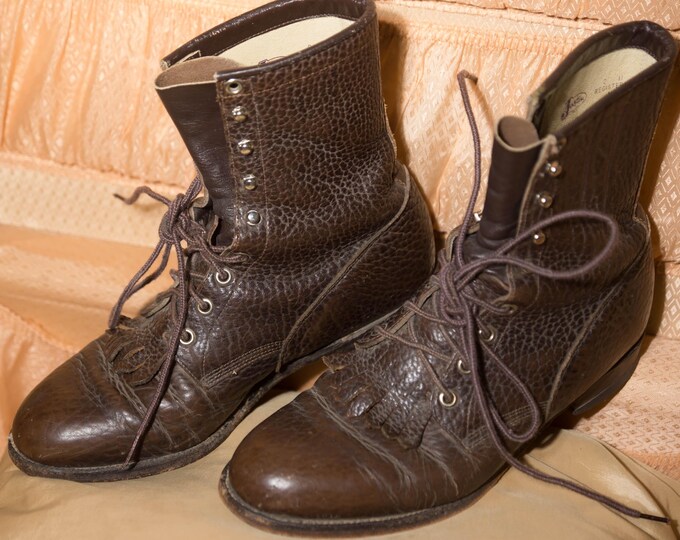 Vintage Justin Boots 80s Roper Made in USA Lace up Brown Pebbled ...