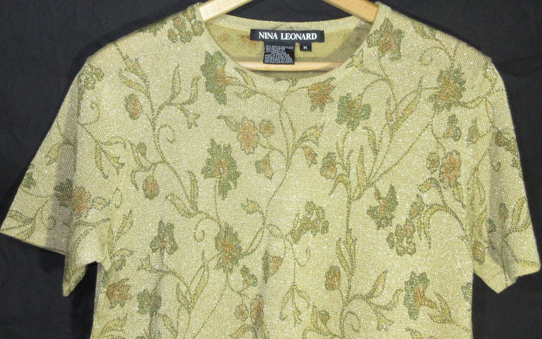 Vintage Knit Blouse Shiny Gold Top Lightweight Short Sleeve Sweater 90s ...