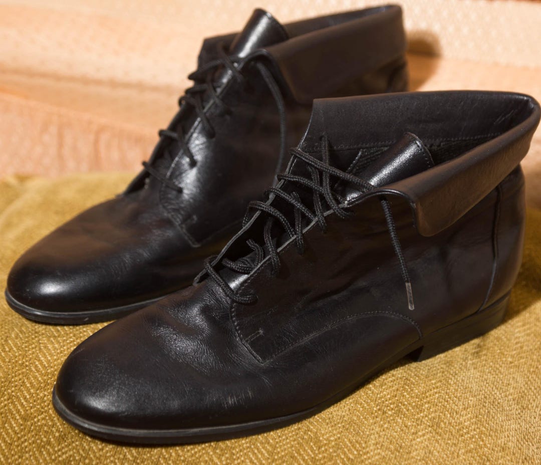 Vintage Boots 80s Italian Leather Lace up Ankle Black Boots Made in ...
