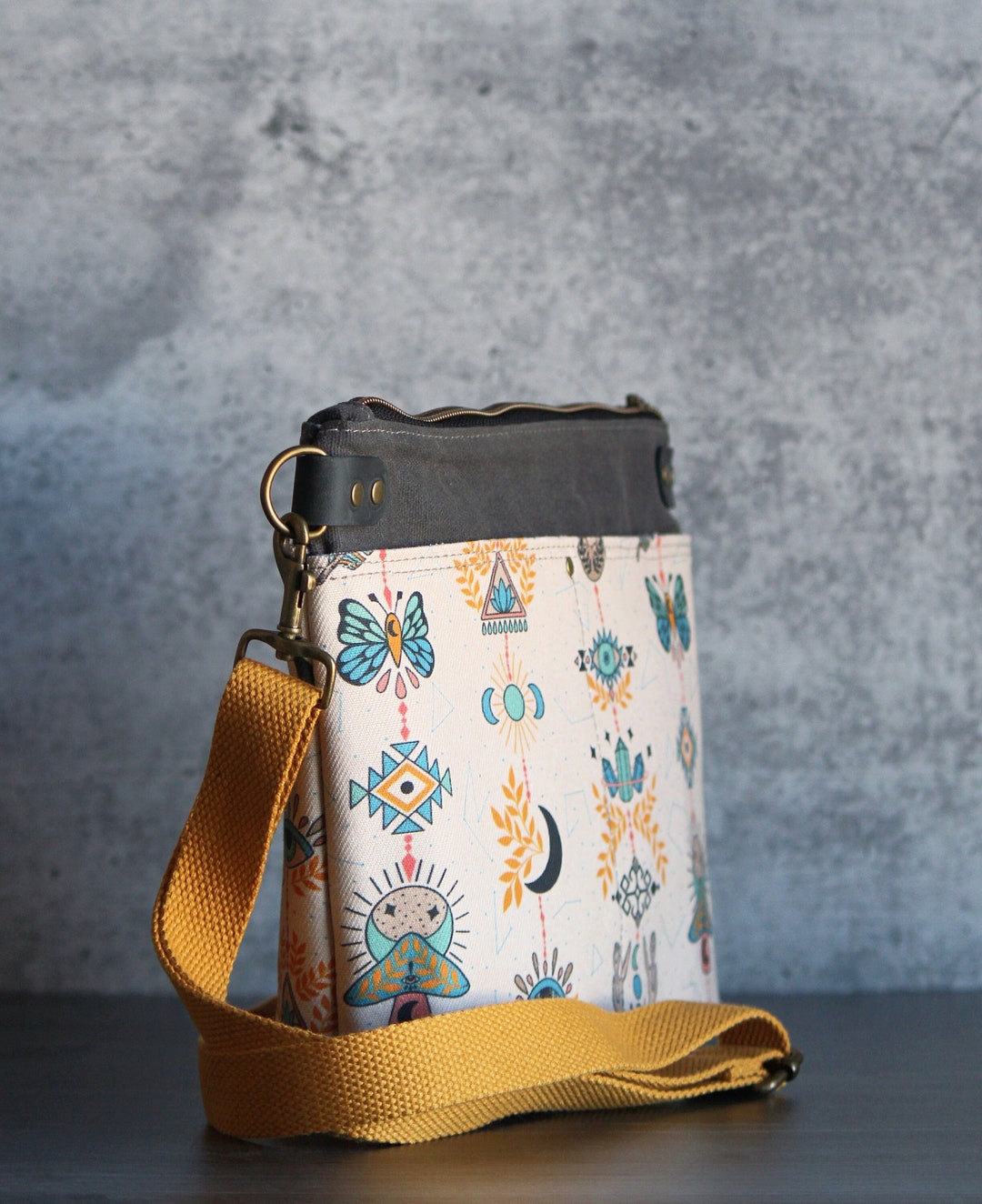 Waxed Canvas Crossbody Bag: Indie Mystic Print, Adjustable Strap - Etsy