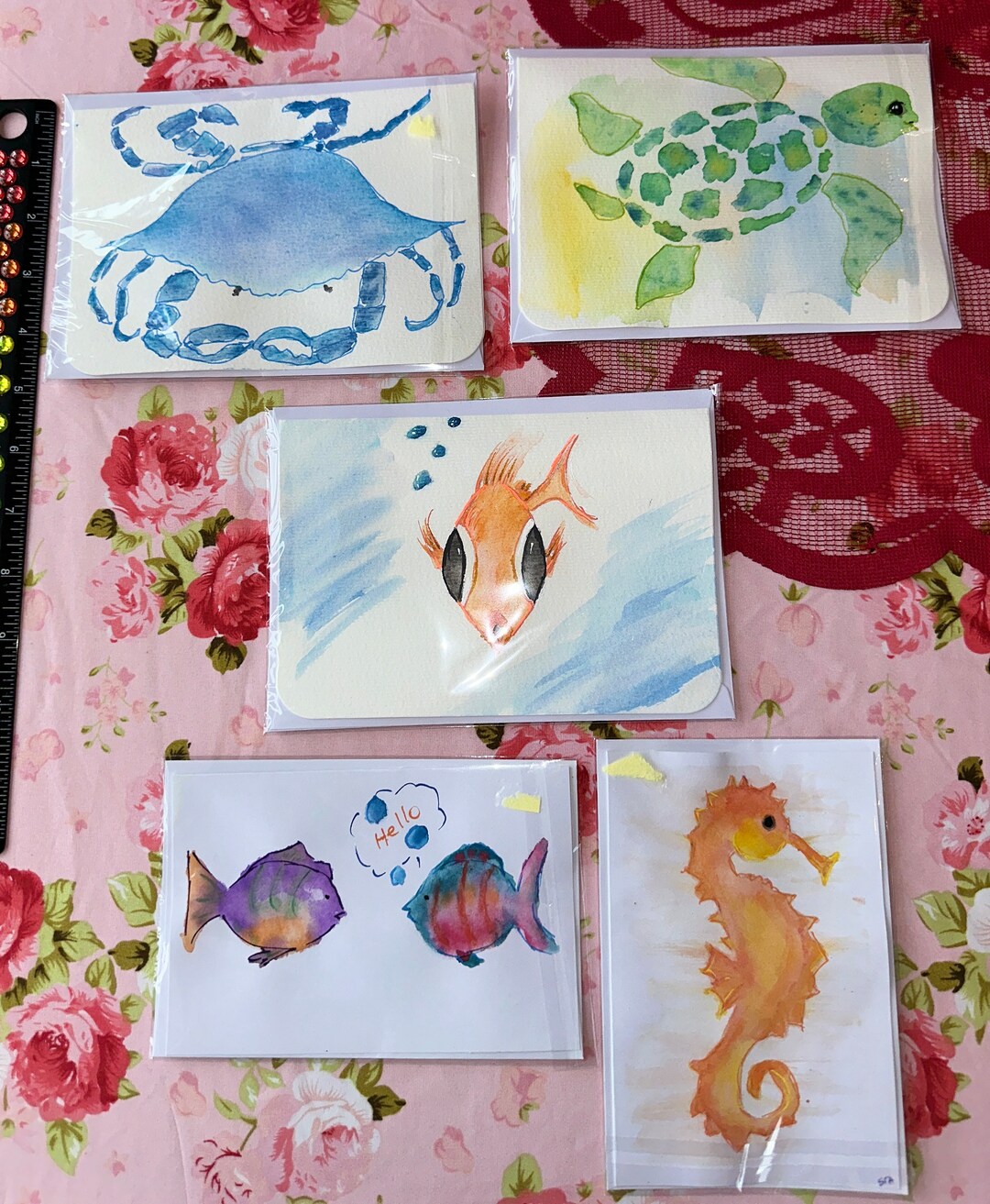 Set of 5 Aquatic Life Watercolor Hand Painted Note Cards With Envelopes ...