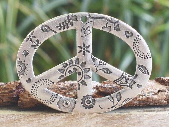 Silver Peace Sign Pendant 60mm Hippie Pendant Unique Boho Etsy