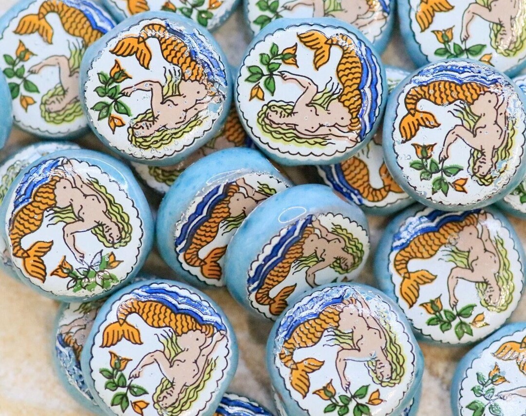 Coin Ceramic Beads Enameled Coin Beads, Glazed Ceramics-handmade-qty 4 ...