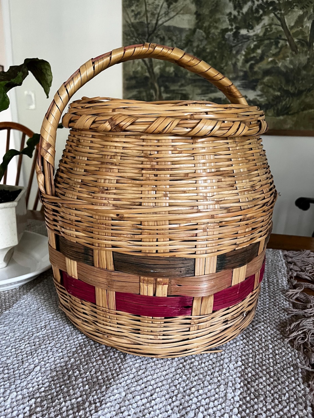 Vintage Large Split Wicker & Bamboo Basket With Lid Handle - Etsy
