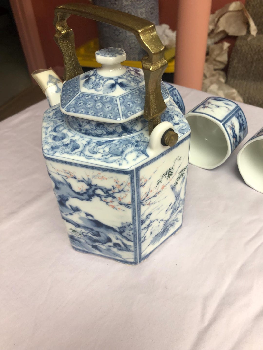 Vintage Japanese Hexagonal Porcelain Teapot With Brass Handle and Four ...