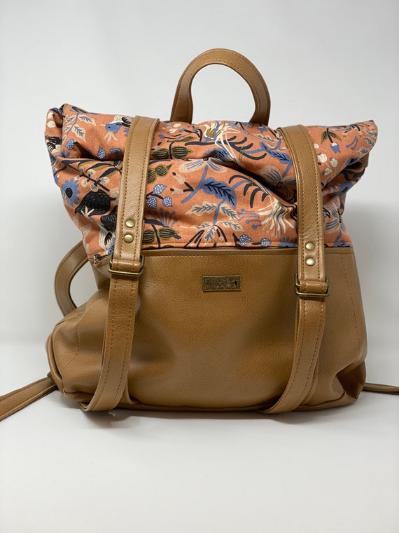 Atlas Rucksack Ready-to-ship Tan Faux Leather Pink Canvas - Etsy