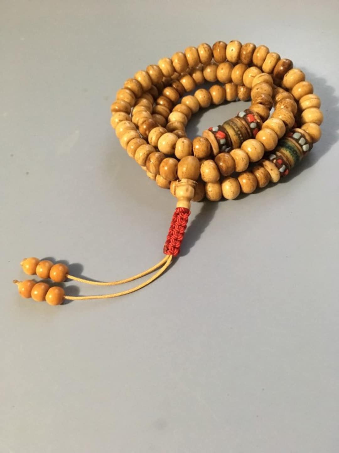 Yak Bone Mala Necklace With Inlaid Bone Bead Markers. Adjustable Knot ...