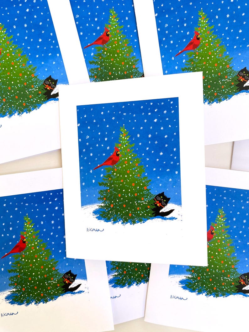 The Cat, Cardinal and Christmas Tree 8 Note Cards Christmas Tree, Black ...