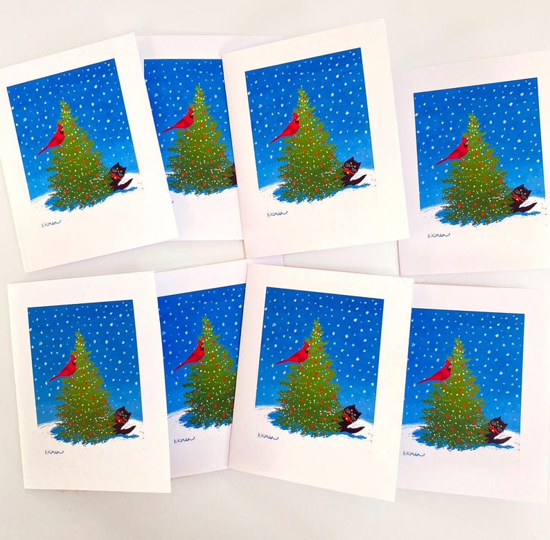 The Cat, Cardinal and Christmas Tree 8 Note Cards Christmas Tree, Black ...