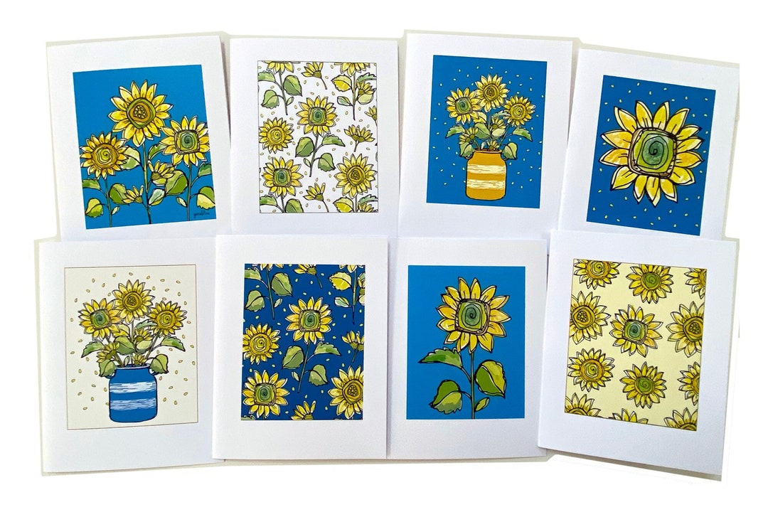 8 Art Note Cards – Sunflower Notecards, Pretty Sunny Happy Yellow Blue ...