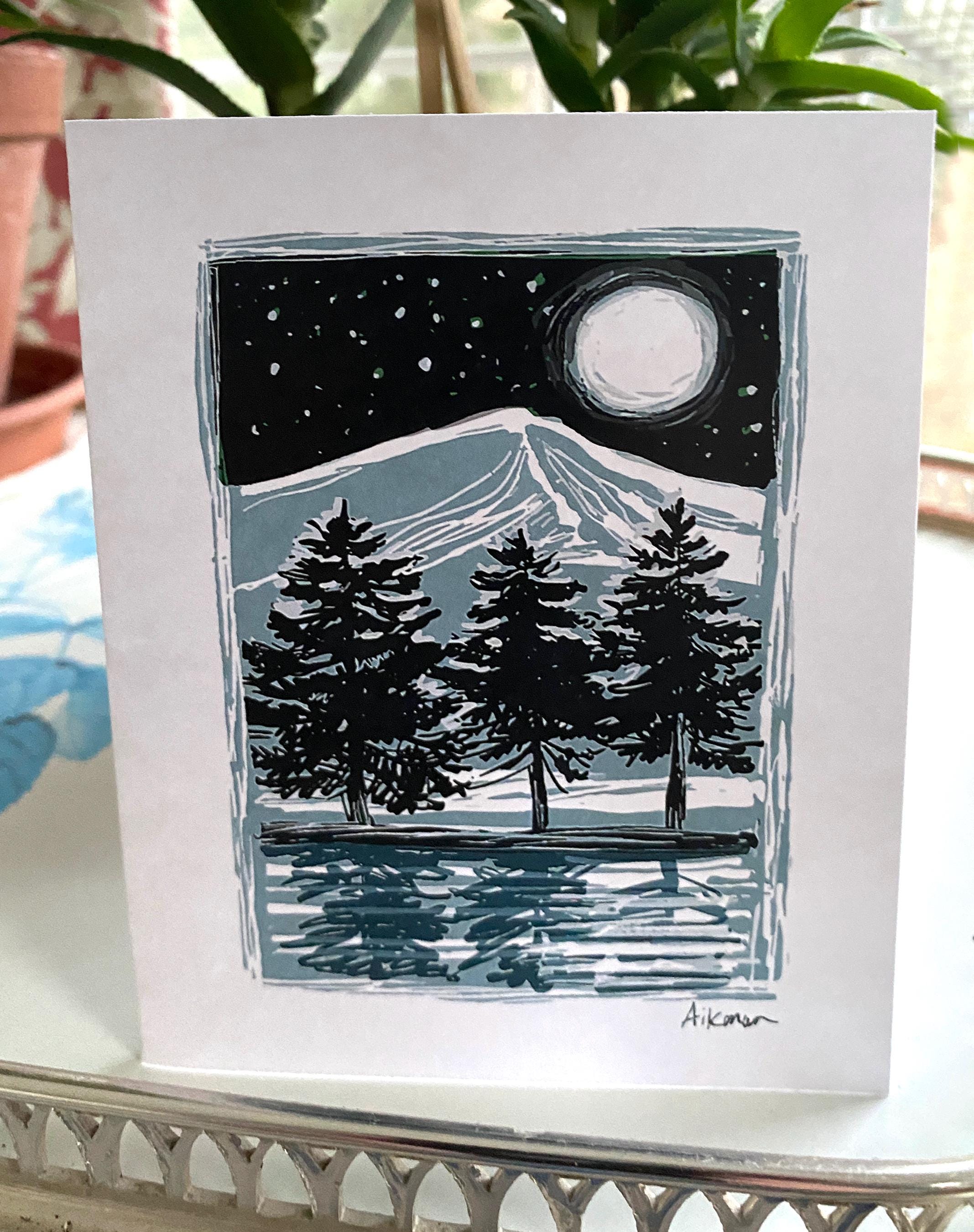 Mountain Pines and Moon Notecards - Woodcut Style, Maine Artist (set of ...