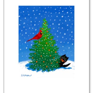 The Cat, Cardinal and Christmas Tree 8 Note Cards Christmas Tree, Black ...