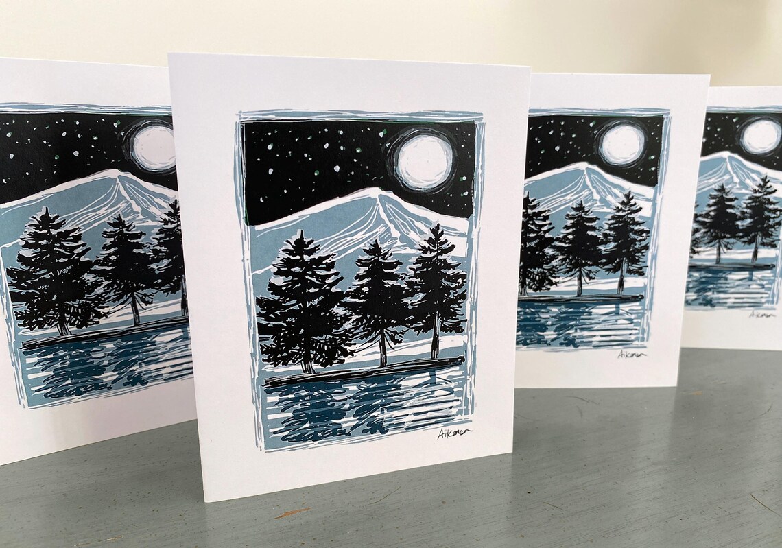 Mountain Pines and Moon Notecards - Woodcut Style, Maine Artist (set of ...