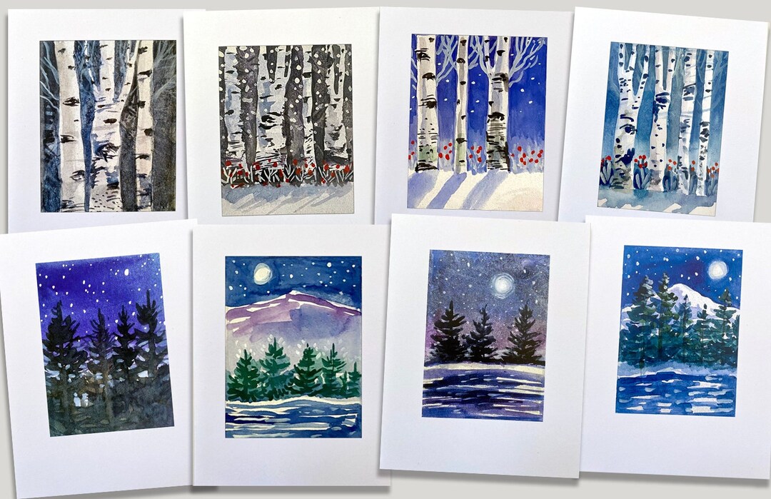 8 Art Note Cards – Nature Cards Set: Birches, Mountains, Pines, Night ...