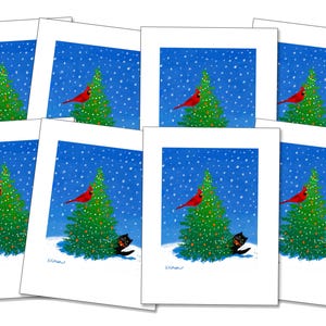 The Cat, Cardinal and Christmas Tree 8 Note Cards Christmas Tree, Black ...