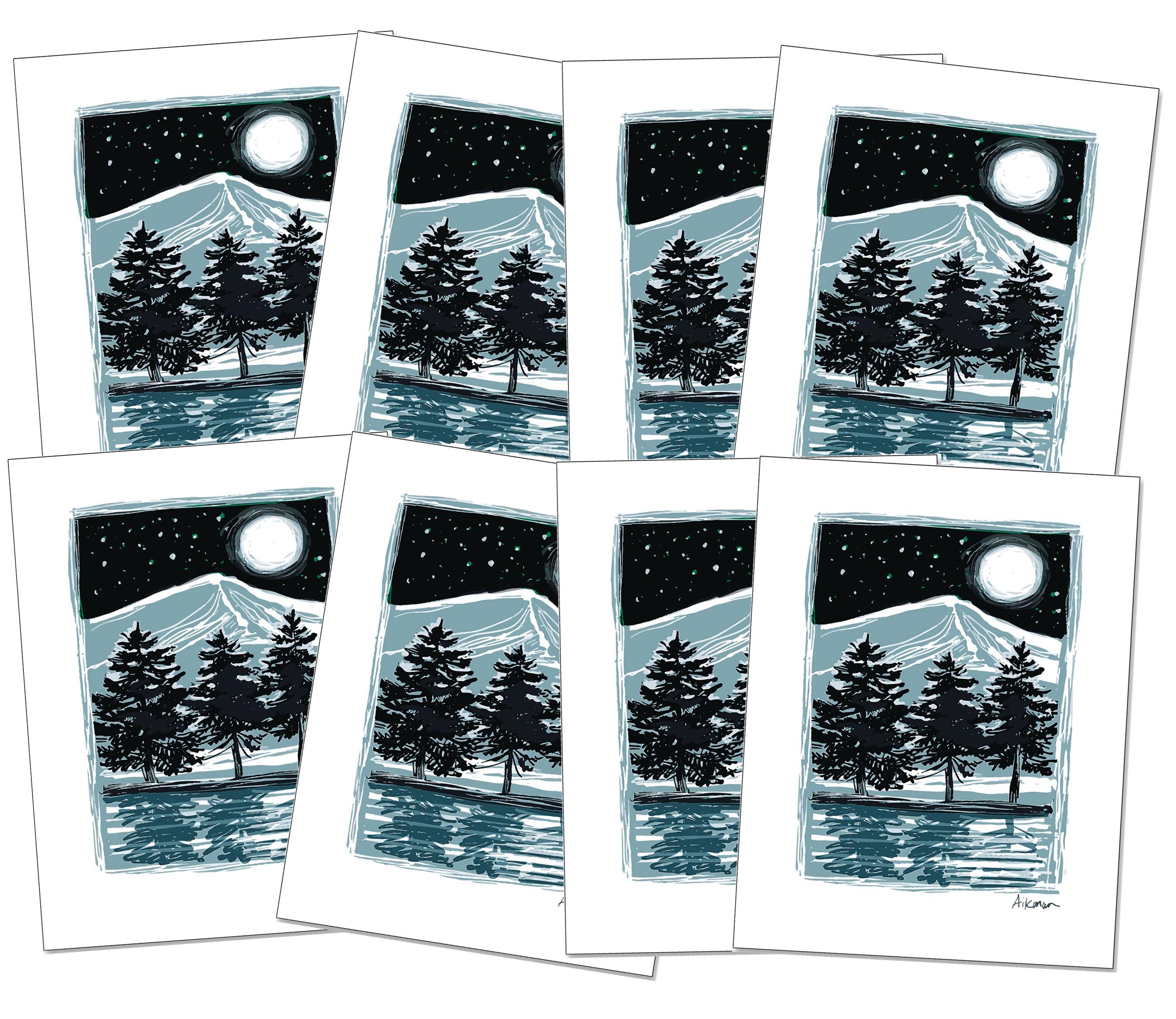 Mountain Pines and Moon Notecards - Woodcut Style, Maine Artist (set of ...