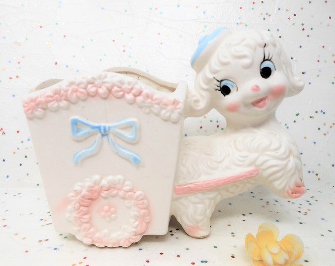 Vintage NAPCO Japan Ceramic Planter Vase Lamb Puppy Poodle Baby Shower ...
