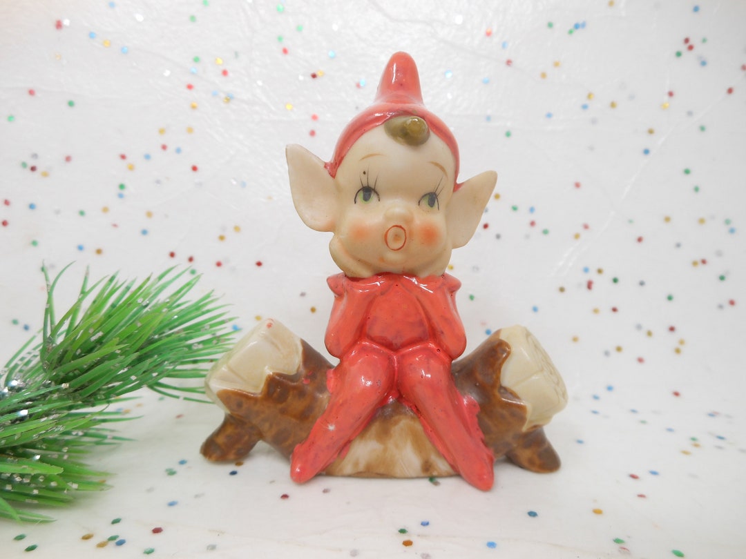 Vintage Pixie JAPAN Elf Log Tree Stump Ceramic Figural Kitsch Clutter ...