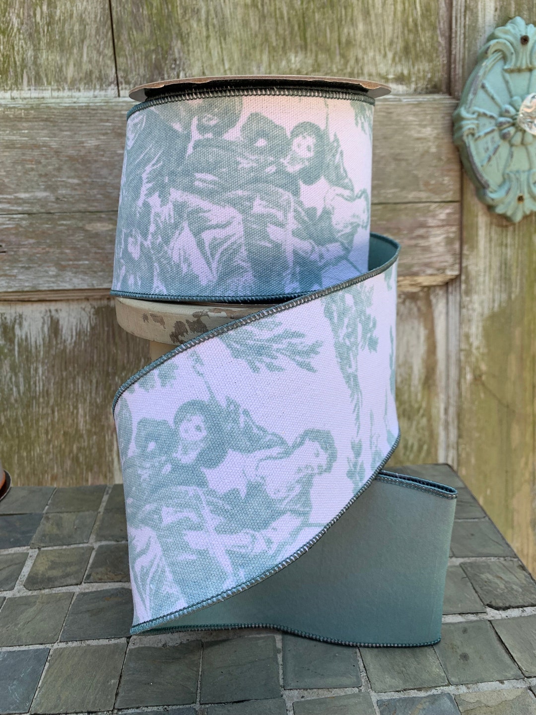 10 YRDS D.STEVENS 4" Soft Teal Turquoise TOILE Print Ribbon, Luxury ...