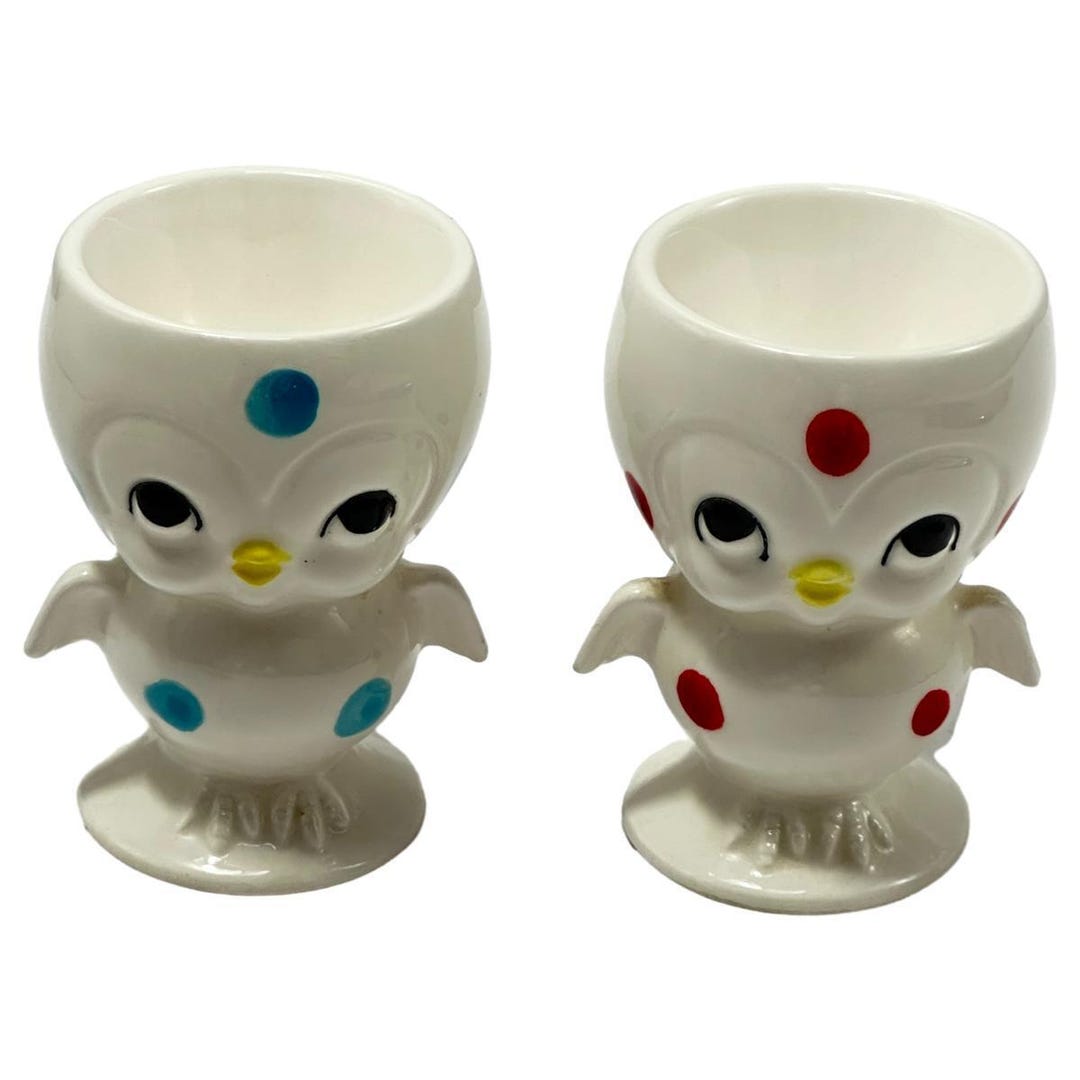 Chick Egg Cup Anthropomorphic Polka Dot Lot 2 White Blue Red Vintage ...