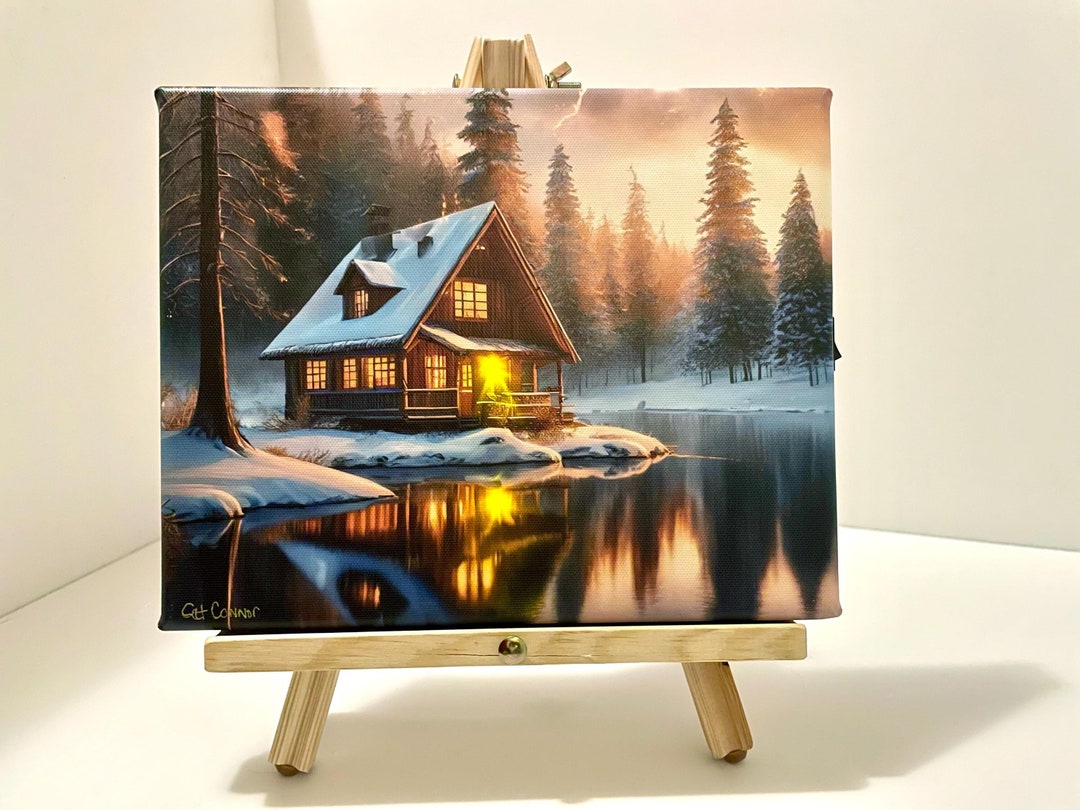 Snowy Cabin Scene #1. 8"x10" Lighted Canvas Print With Small Easel for ...