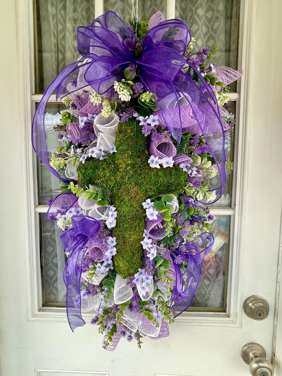 Cross Wreath Swag Wreath, Moss Cross Purple Swag Wreath, Easter Cross ...