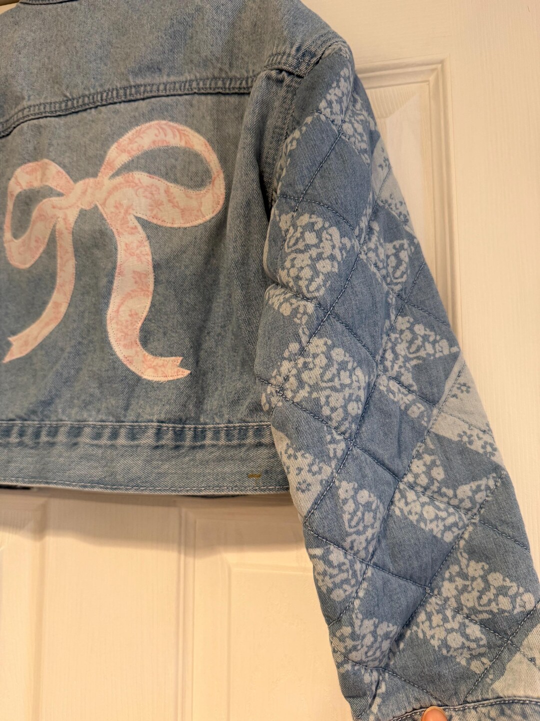 Upcycled Denim Jean Jacket Pink Bow Applique Girls Size 8 - Etsy