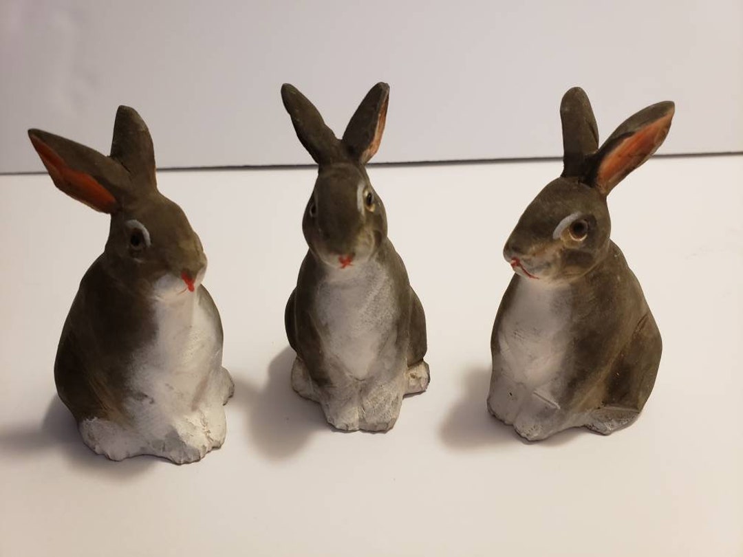 3 Vintage Small Wood Bunnies, Hand-painted, Hand Carved, Easter Decor ...