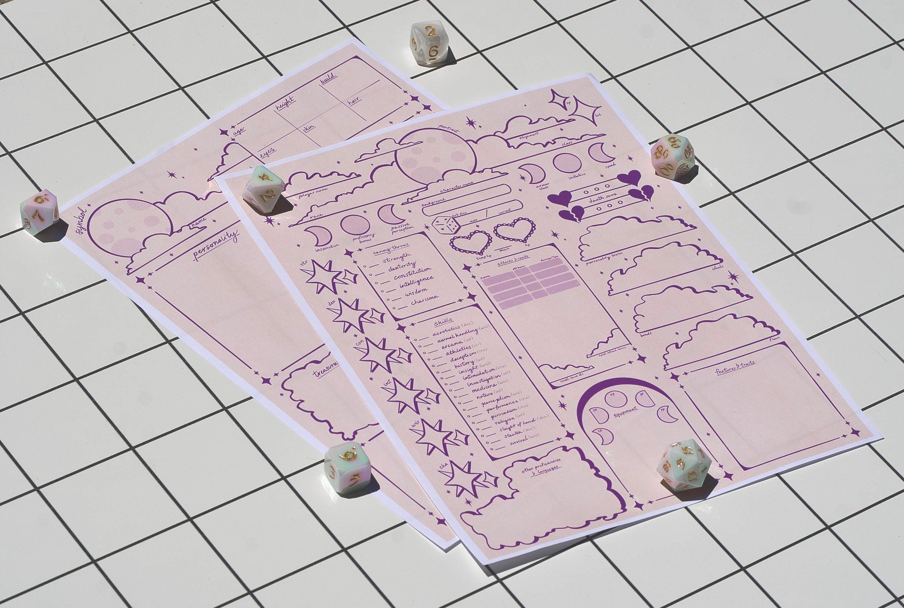 Starry Night Dnd 5e Character Sheet: Pastel Purple Dungeons and Dragons ...