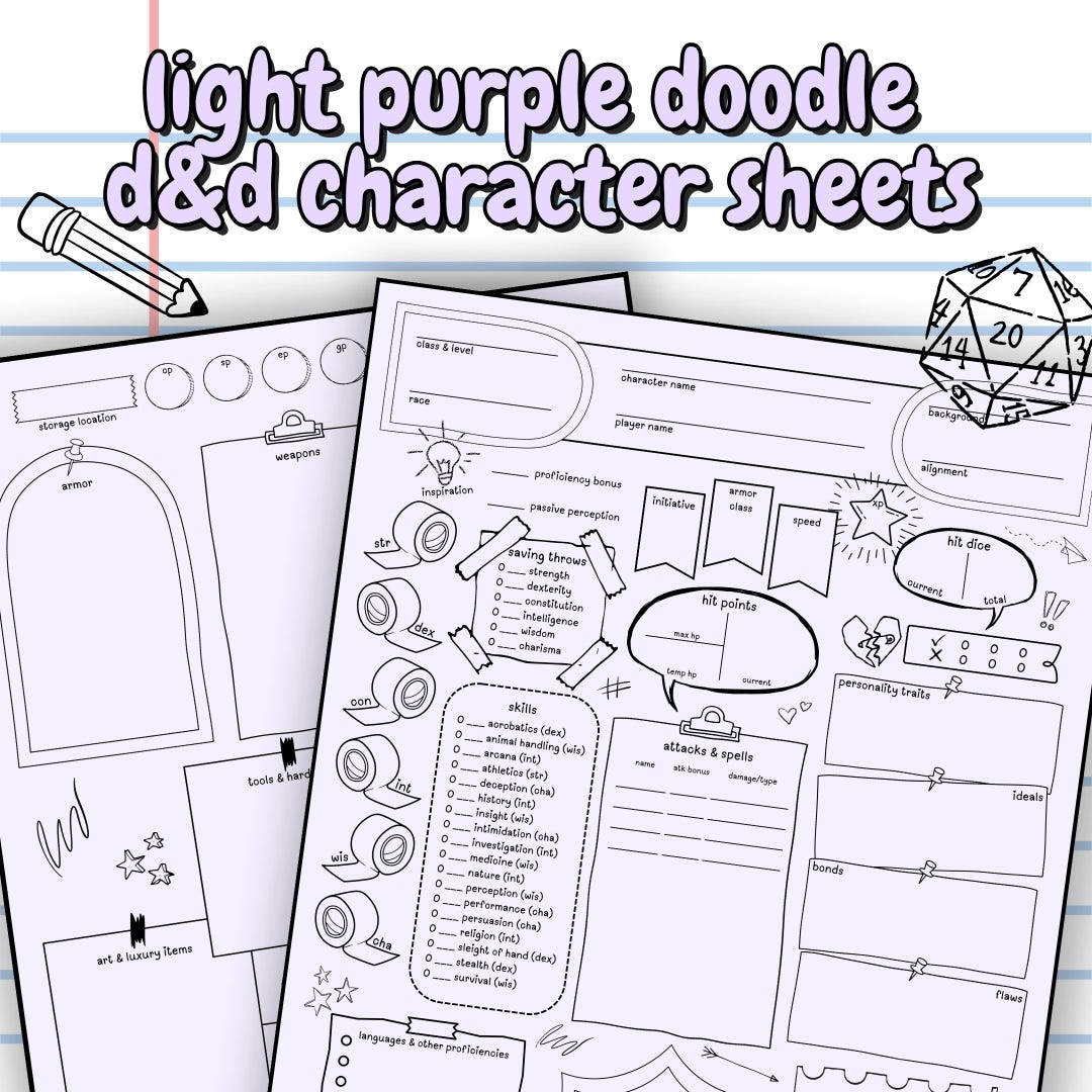 Doodle Dnd 5e Character Sheet Cute Pastel Purple | PDF Printable ...