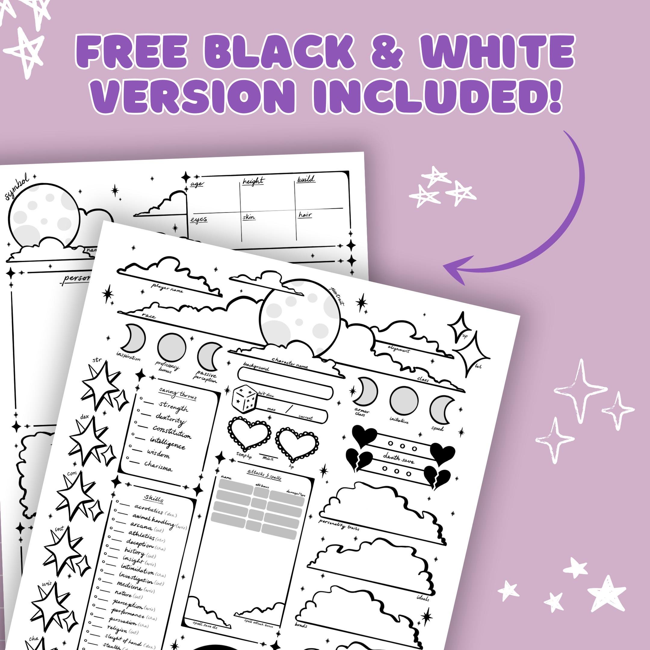 Starry Night Dnd 5e Character Sheet: Pastel Purple Dungeons and Dragons ...
