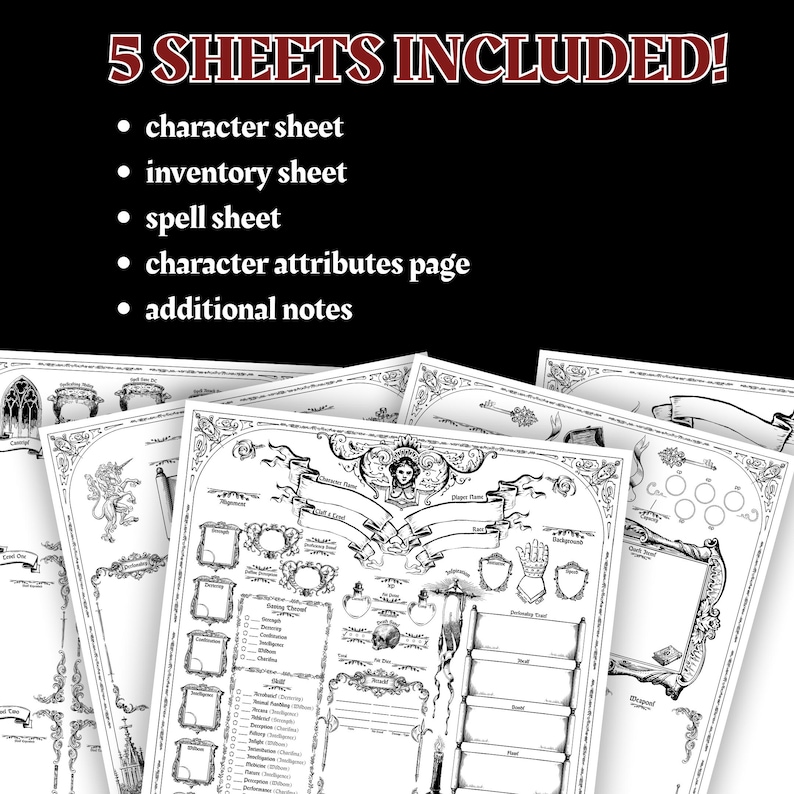 Gothic Medieval D&D 5e Character Sheet: Fantasy Sketch (PDF Printable ...