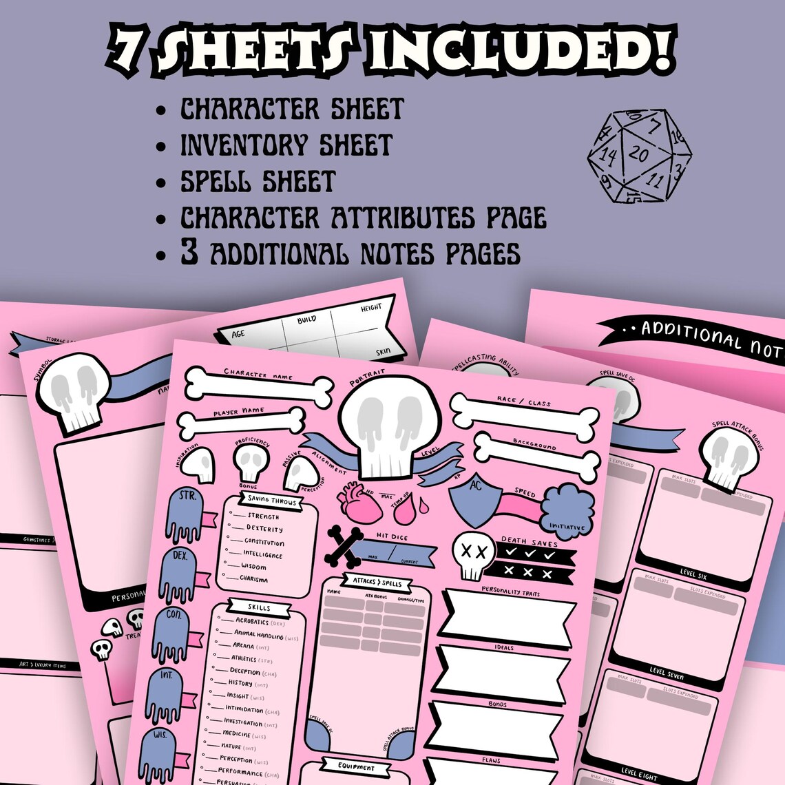 Skelly Dnd 5e Character Sheet Cute Spooky | PDF Printable Fillable Pink ...