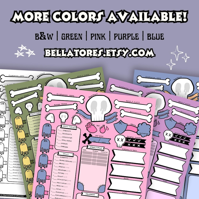 Skelly Dnd 5e Character Sheet Cute Spooky | PDF Printable Fillable Pink ...