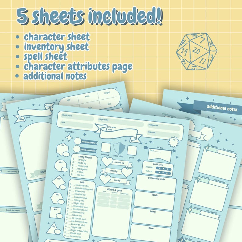 Pastel Blue Dnd 5e Character Sheet: Minimalist Dungeons and Dragons ...