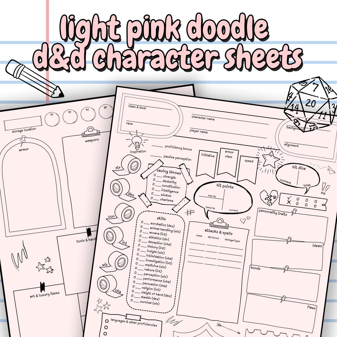 Doodle Dnd 5e Character Sheet Cute Pastel Pink | PDF Printable ...